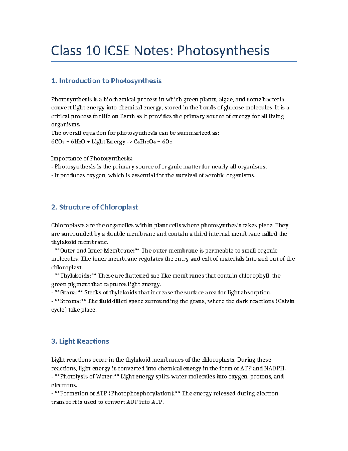 Photosynthesis Study Notes for ICSE Class 10 - Studocu