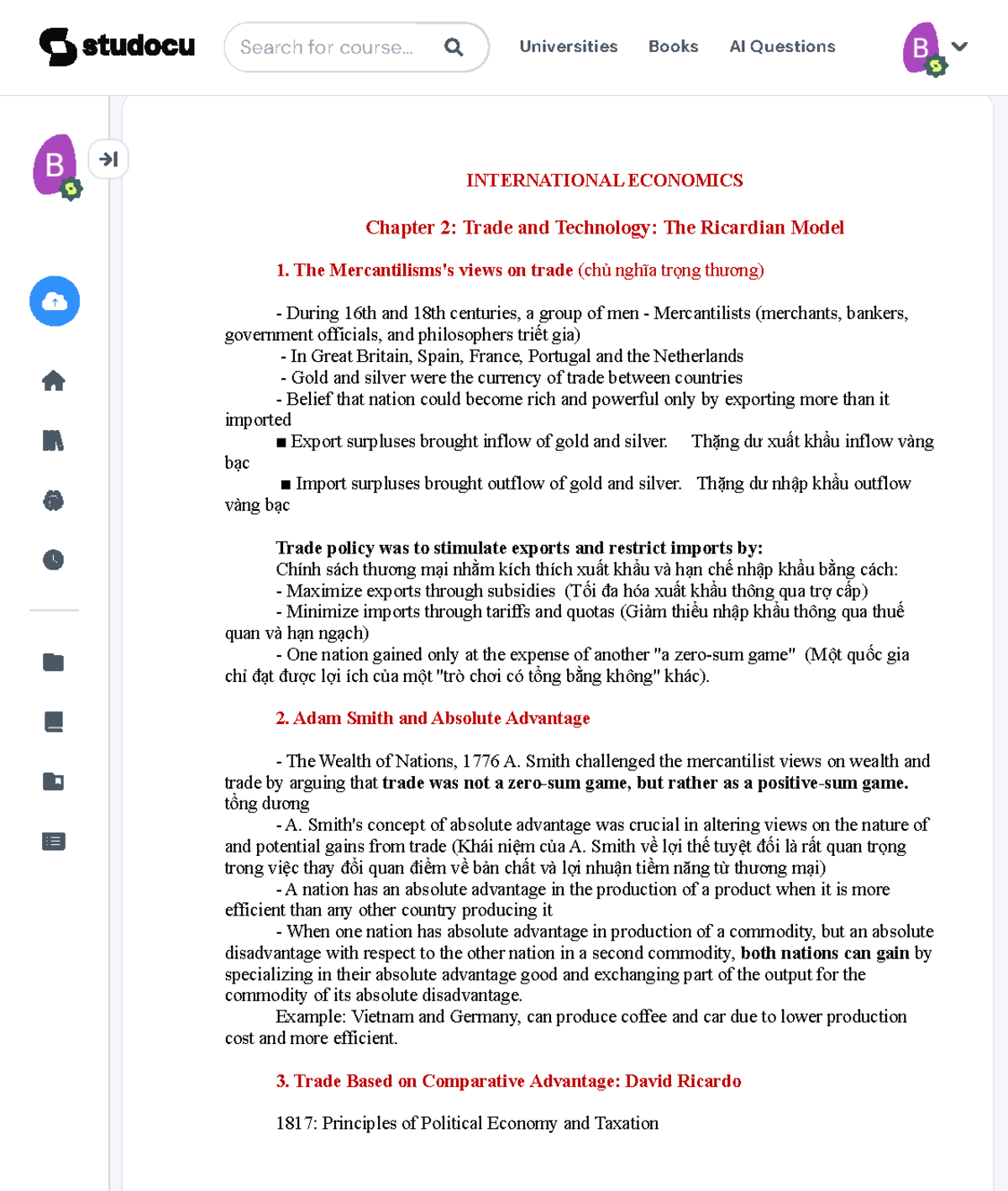 International Economics (IE 101) - Chapter 2: Trade & Technology - Studocu