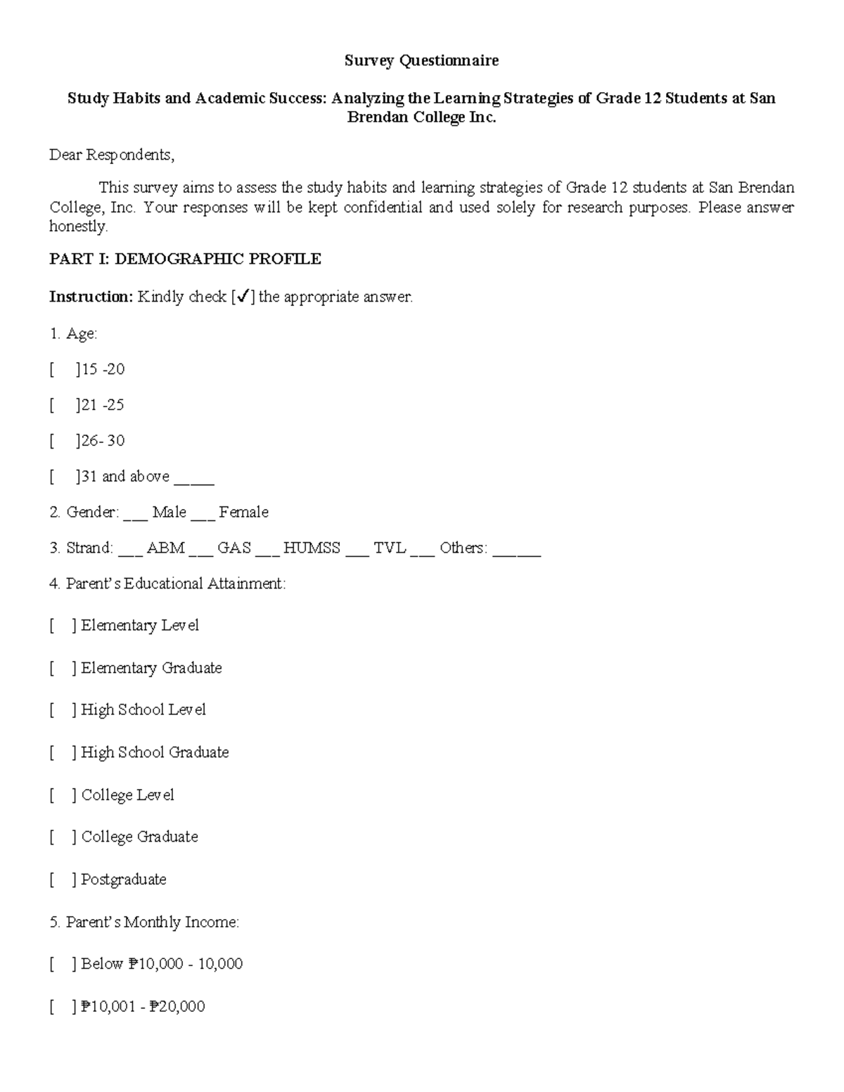 Survey Questionnaire: Study Habits & Learning Strategies of Grade 12 ...