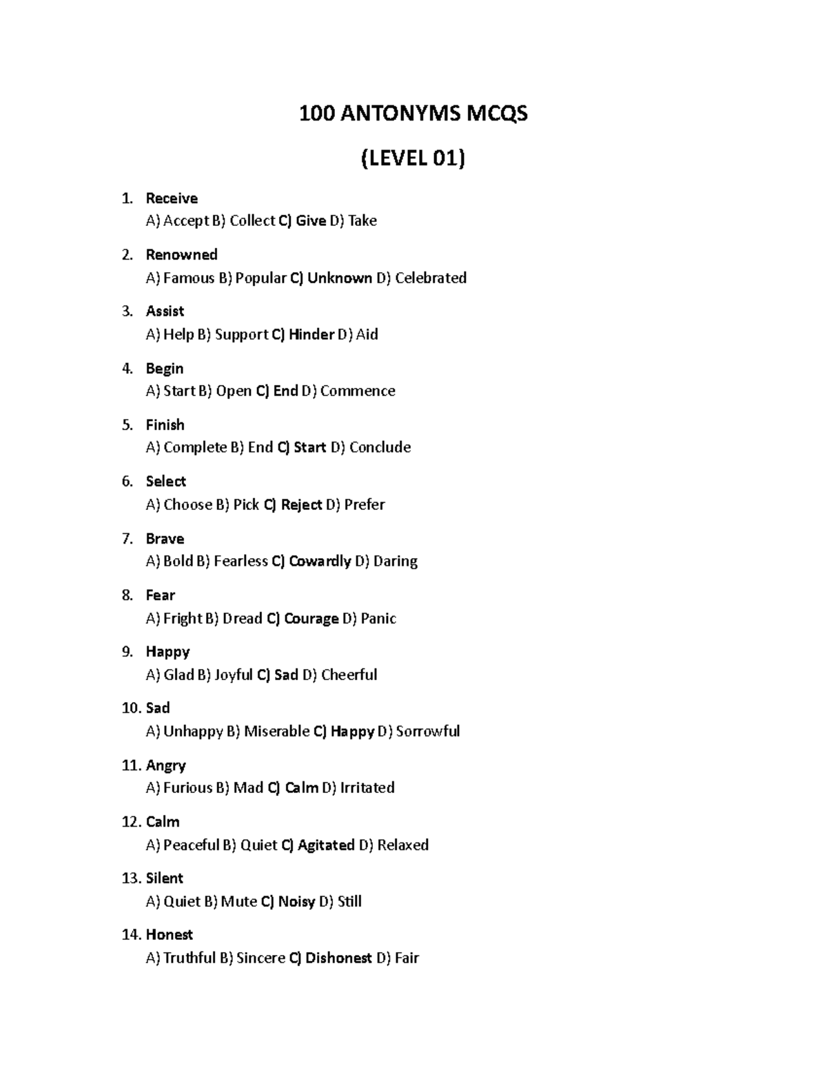 Navttc 100 Antonyms MCQs (Level 01) - Practice Questions - Studocu