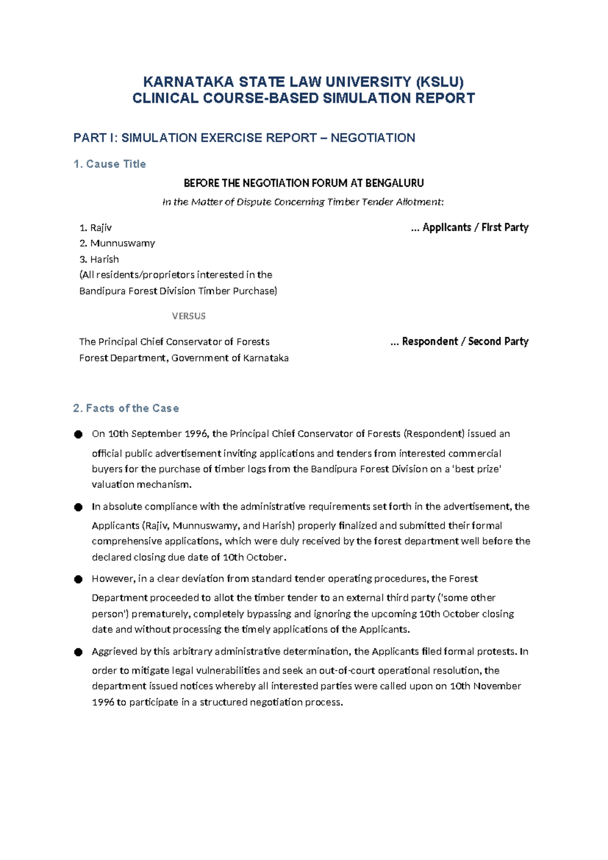 KSLU Clinical Simulation Report: Negotiation on Timber Tender Dispute ...