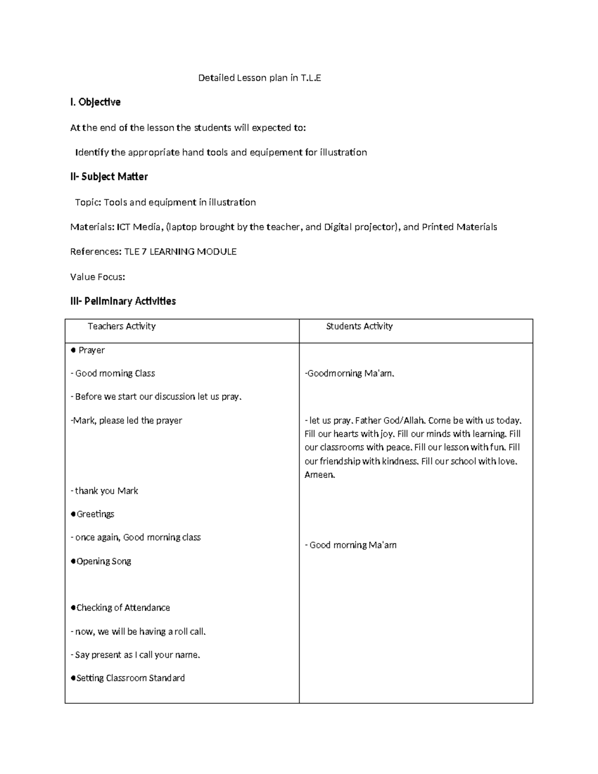 TLE 7 Detailed Lesson Plan: Tools & Equipment for Illustration - Studocu
