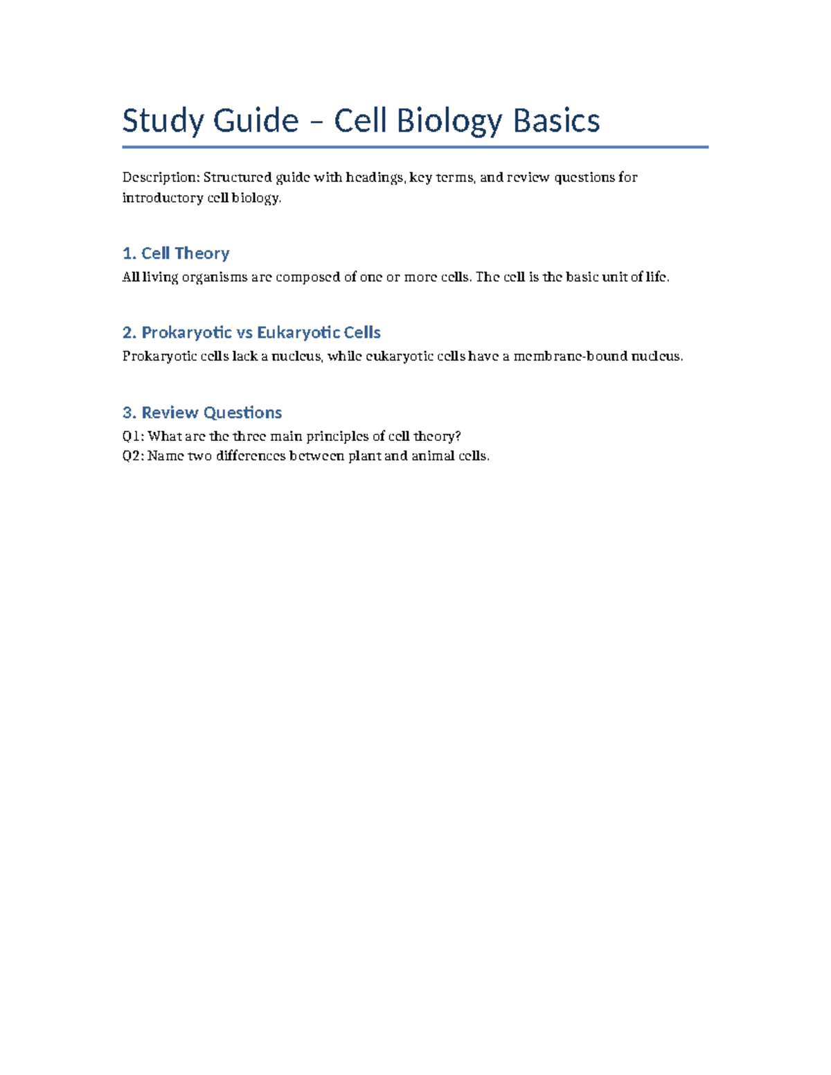 Study Guide Cell Biology - Study Guide – Cell Biology Basics ...