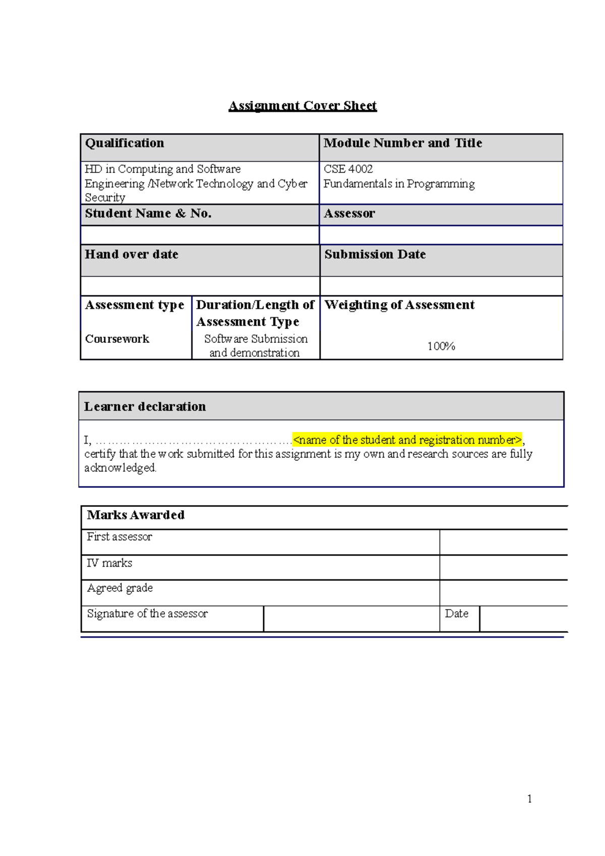 CSE4002 Writ 1- May 23 - Assignment Cover Sheet Qualification Module Number and Title HD in ...