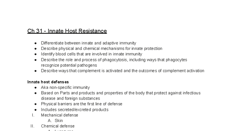 Microbiology Notes: Chapter 31 - Innate Host Resistance Overview - Studocu