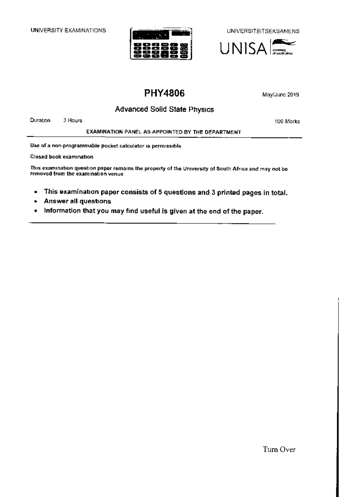 PHY4806 May-June 2019 Advanced Solid State Physics Exam - Studocu