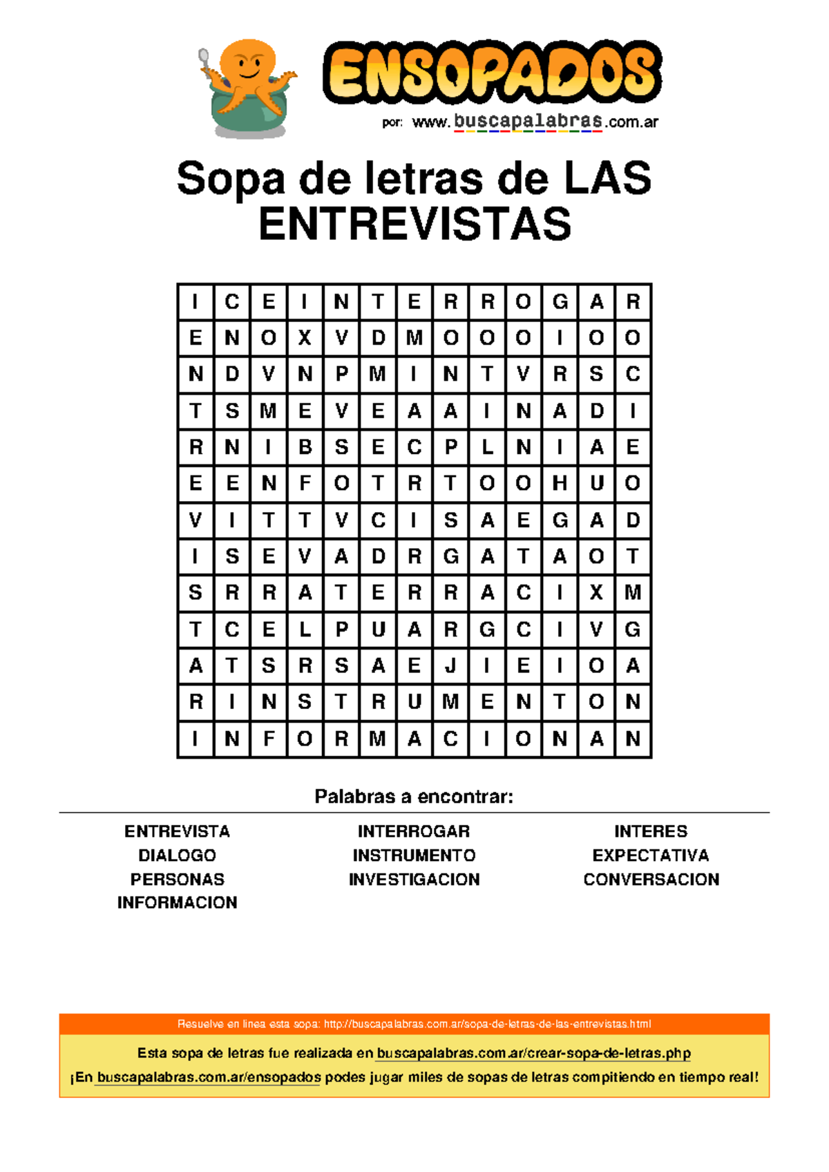 Sopa de Letras: Entrevistas y Términos Clave de Investigación - Studocu