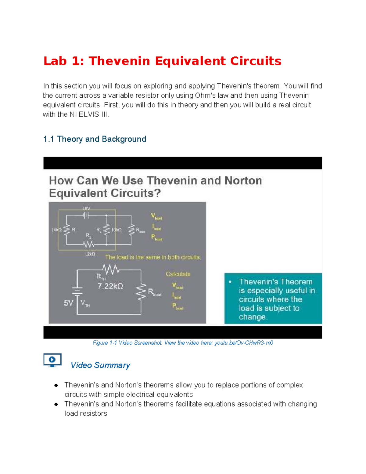 Lab 1: Exploring Thevenin Equivalent Circuits and Applications - Studocu
