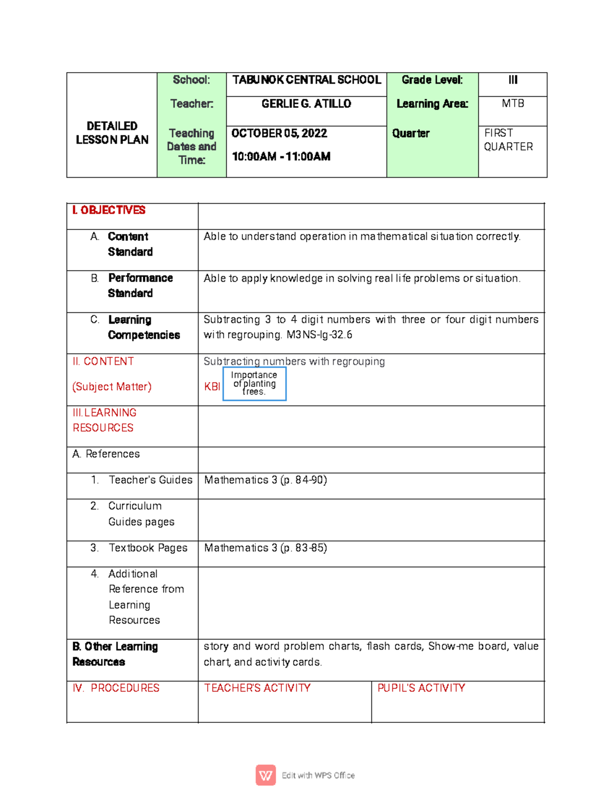 DLP MATH Lesson Plan: Subtracting with Regrouping for Grade III - Studocu