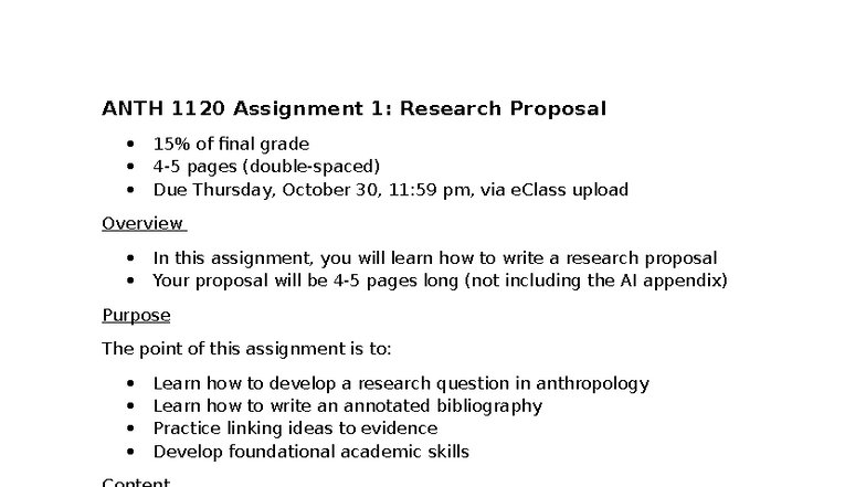 ANTH 1120 Assignment 1: Research Proposal Guidelines and Tips - Studocu