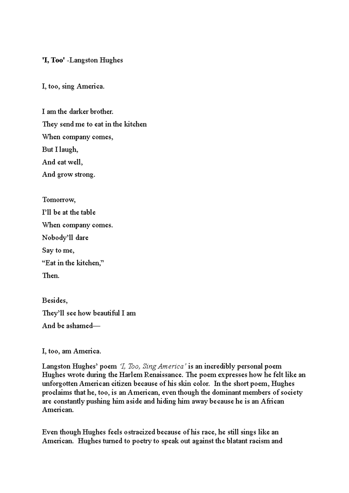 I, Too - Langston Hughes: Analysis of a Powerful Poem - Studocu
