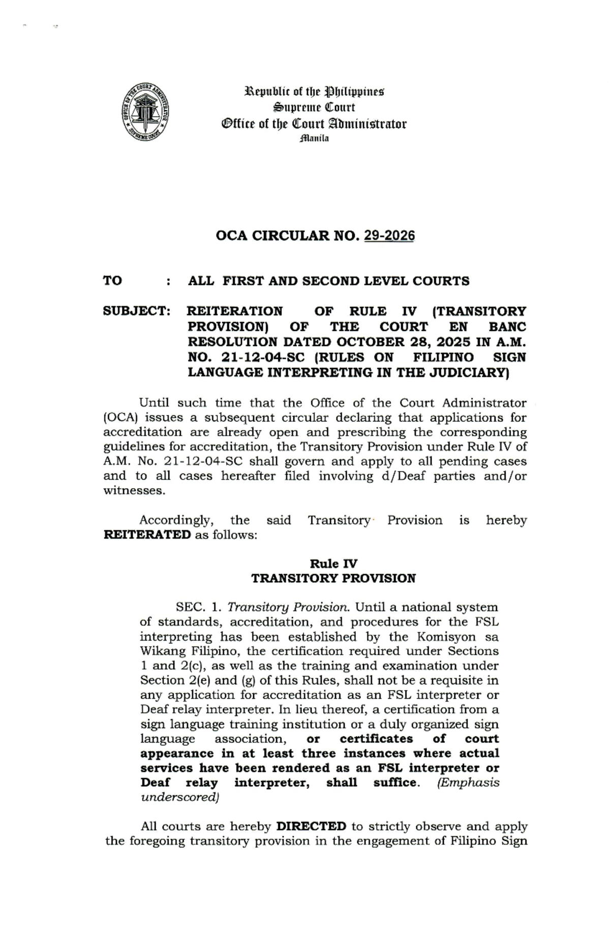 OCA Circular No. 29-2026: Rule IV Transitory Provision on FSL ...