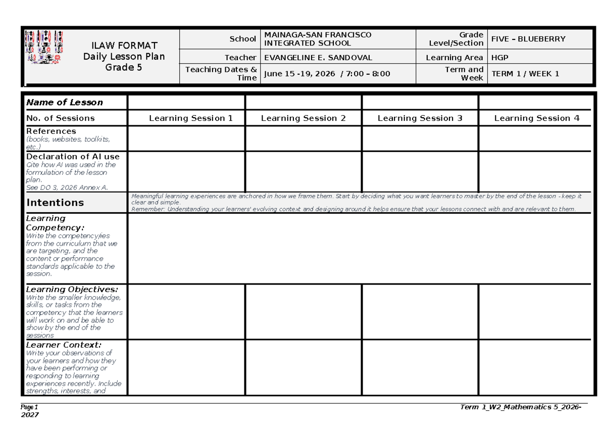 DLL ILAW Format Template for Grade 5 - Term 1, Week 1 - Studocu