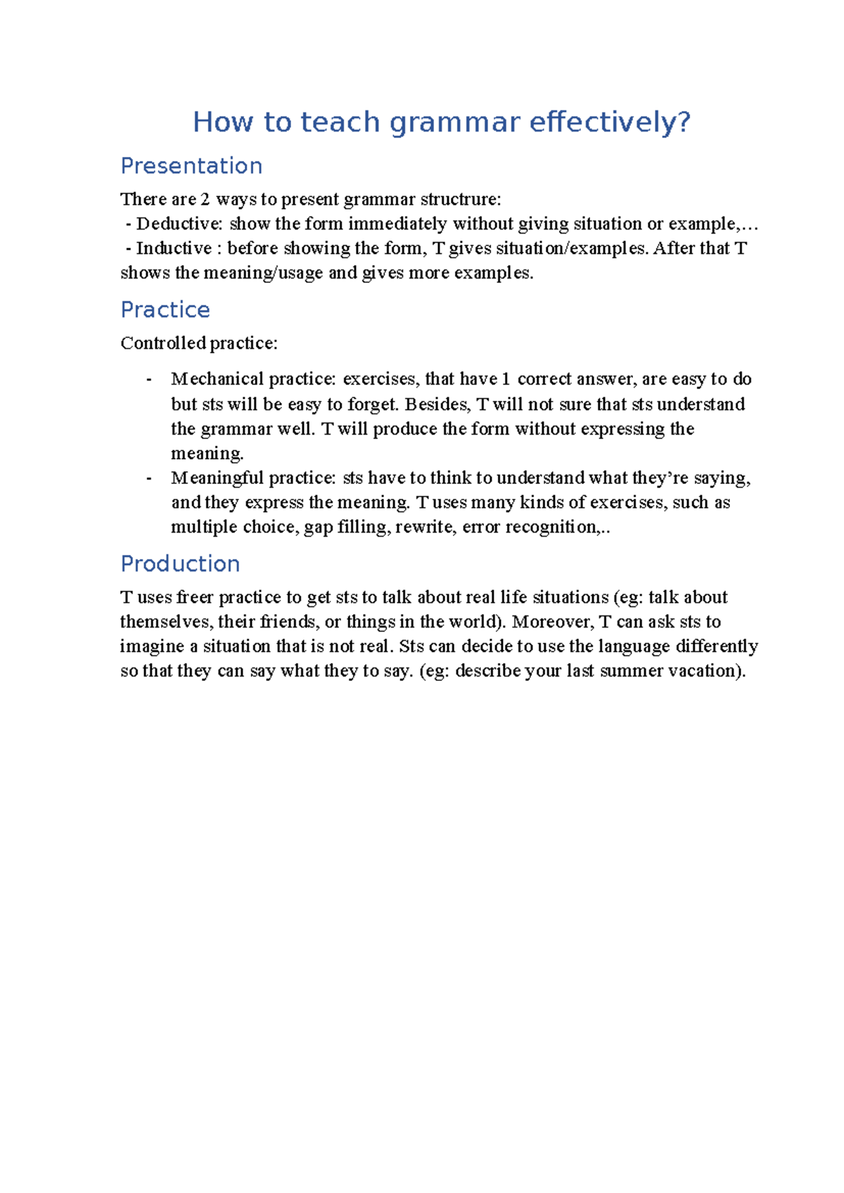 Effective Grammar Teaching Strategies: Presentation & Practice - Studocu