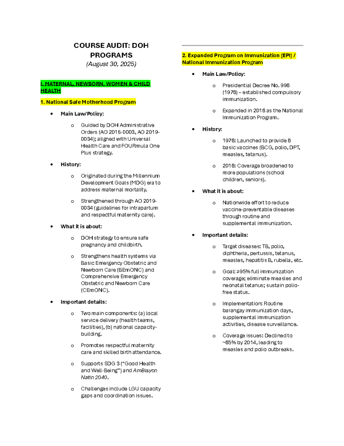 DOH Program CRAM Sheet: Key Initiatives and Historical Overview - Studocu