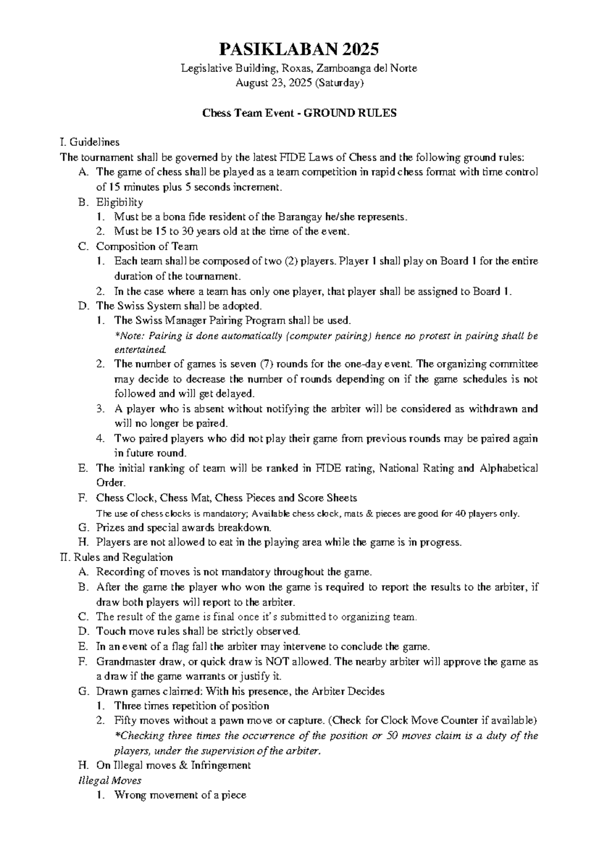 Pasiklaban 2025 Chess Team Event Ground Rules and Guidelines - Studocu
