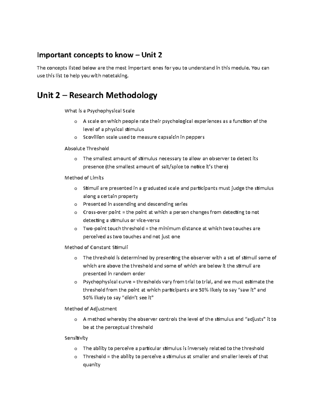Unit 2: Key Concepts in Research Methodology & Psychophysics - Studocu