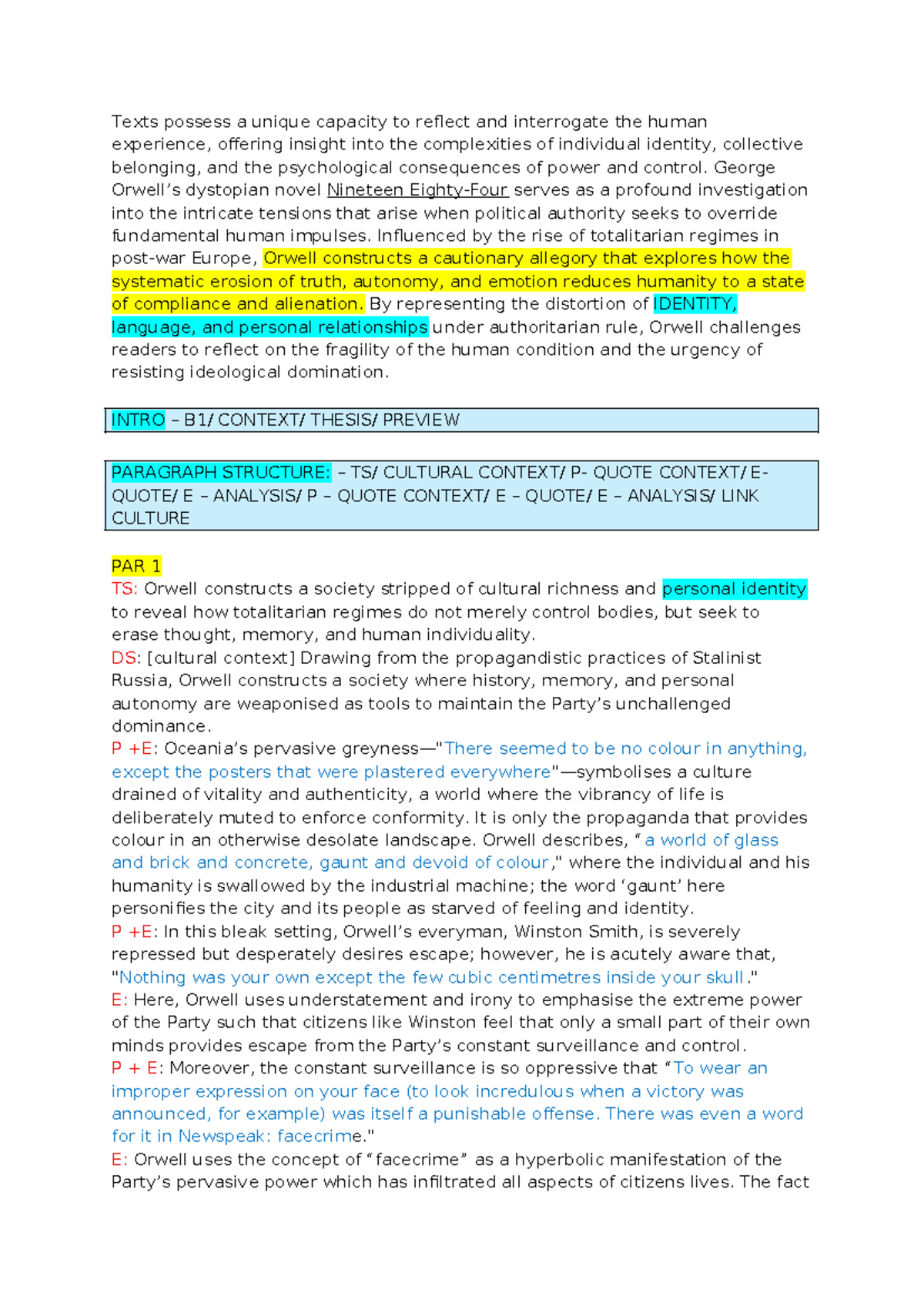 Orwell Essay - ENG 12 Advanced English Analysis of Identity and Power ...