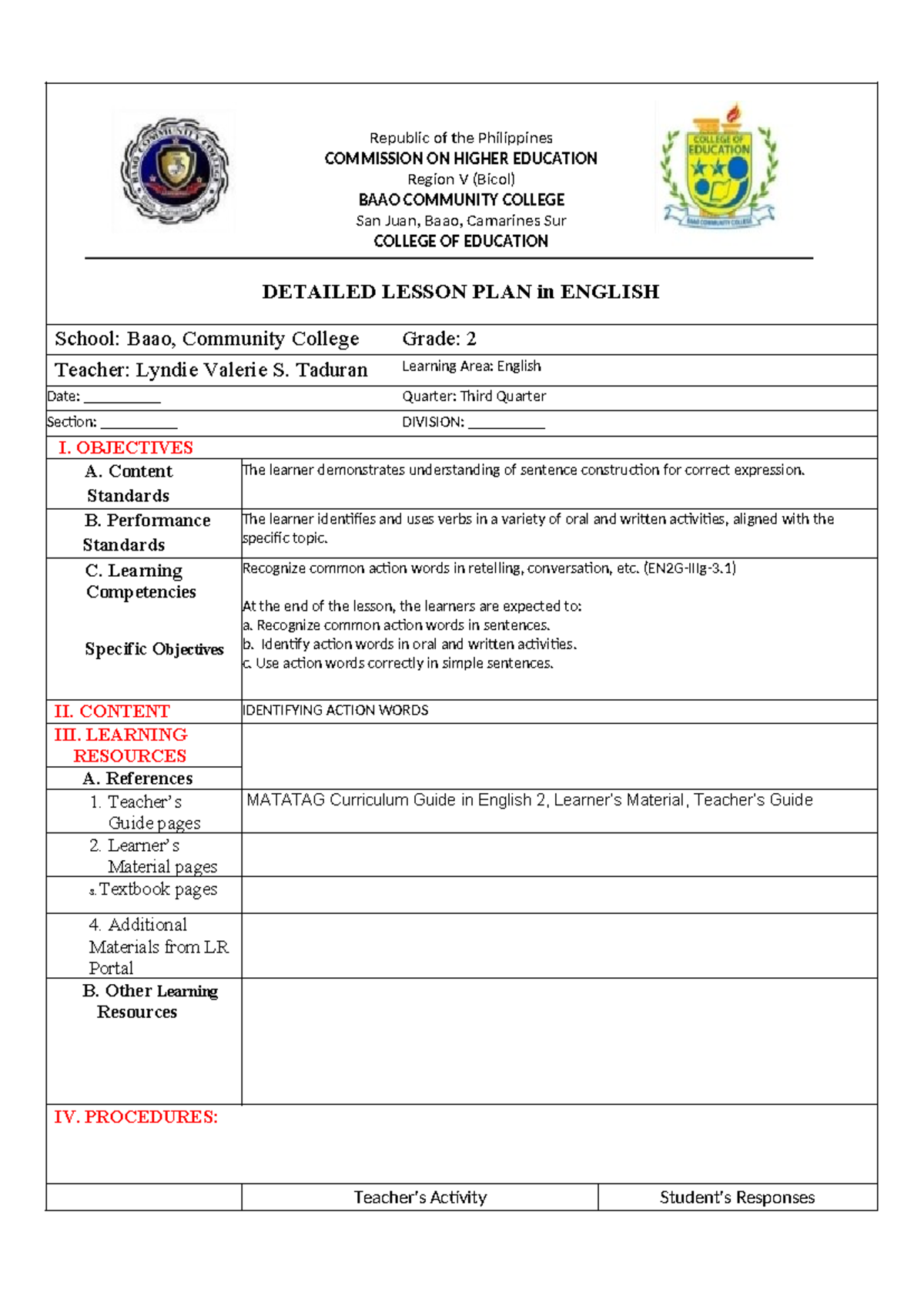 Detailed Lesson Plan: Identifying Action Words (Grade 2) - Studocu