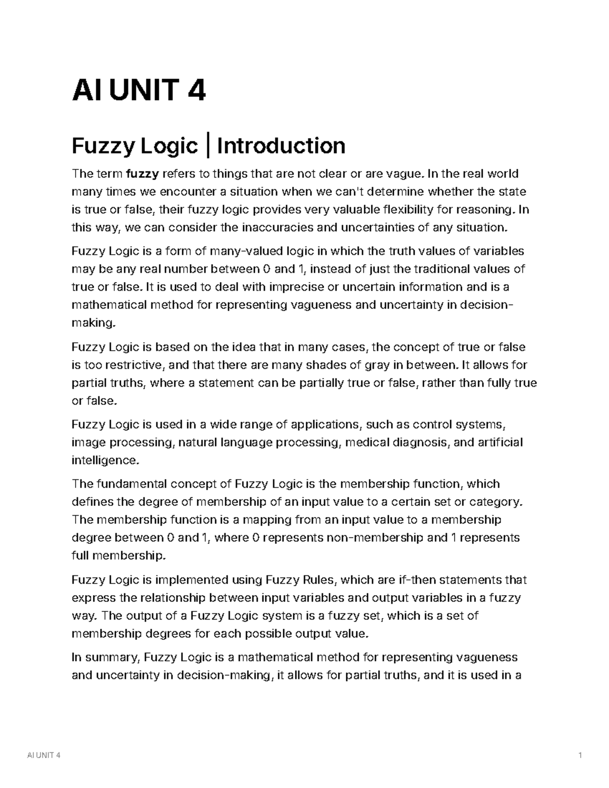 AI UNIT 4 - Introduction to Fuzzy Logic and Its Applications - Studocu