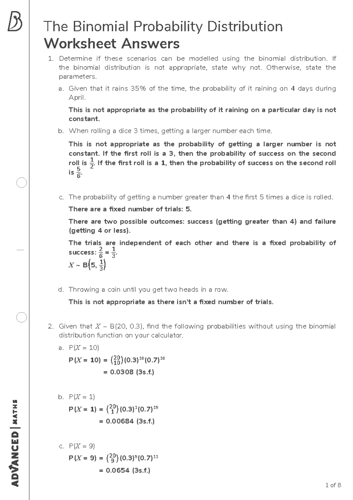 Worksheet Answers - Binomial Probability Distribution - 1. Determine if ...
