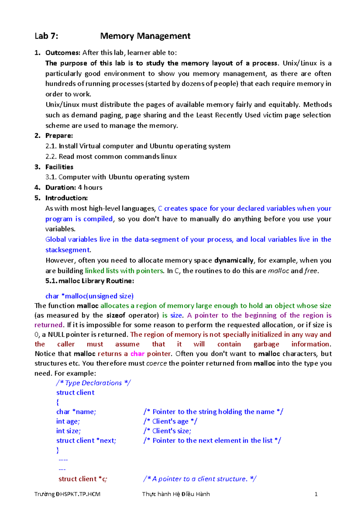 Lab 7 Memory Management - Lab 7: Memory Management Outcomes: After this ...