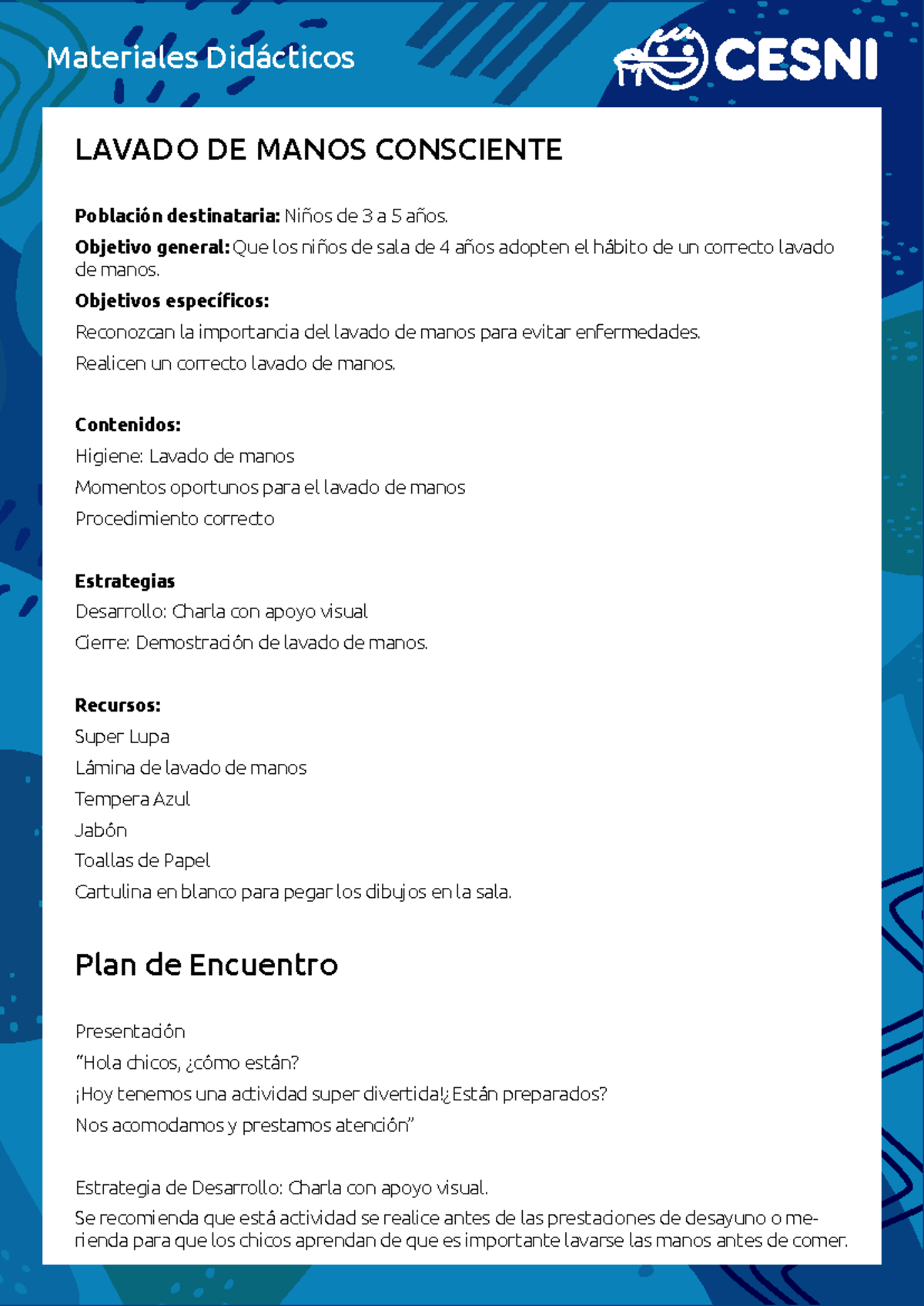 Estrategias y Actividades para el Lavado de Manos en Preescolar - Studocu