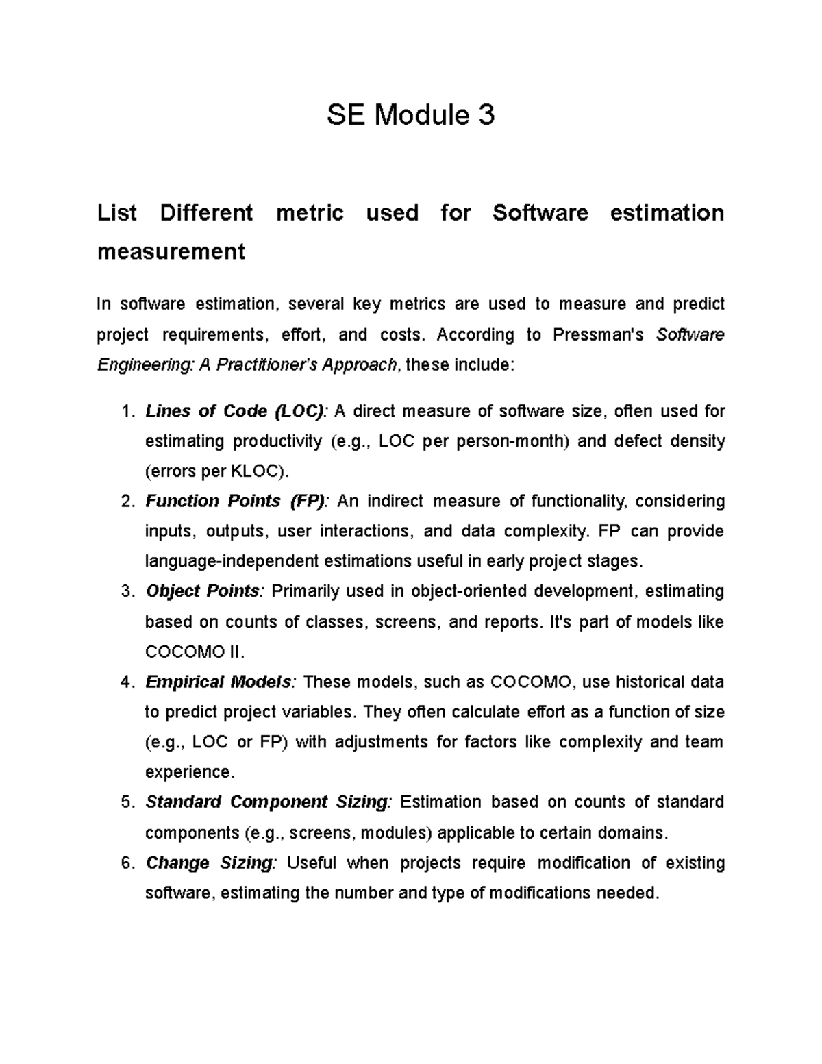 SE Module 3 - Software Estimation and Metrics Notes - Studocu