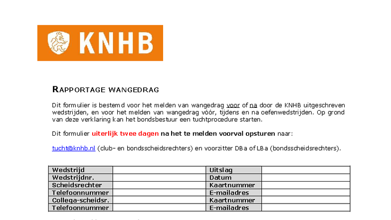 Rapportage Wangedrag Formulier voor KNHB Wedstrijden - Studeersnel