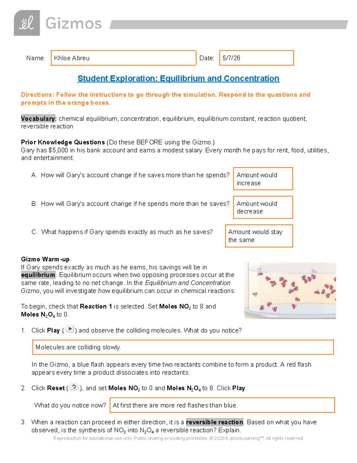 Equilibrium and Concentration Exploration SE: Gizmo Activity - Studocu