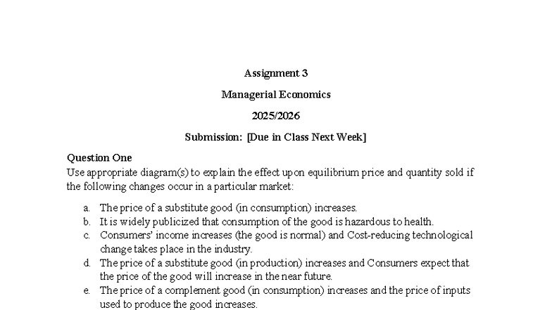 Managerial Economics Assignment 3: Market Equilibrium Analysis - Studocu