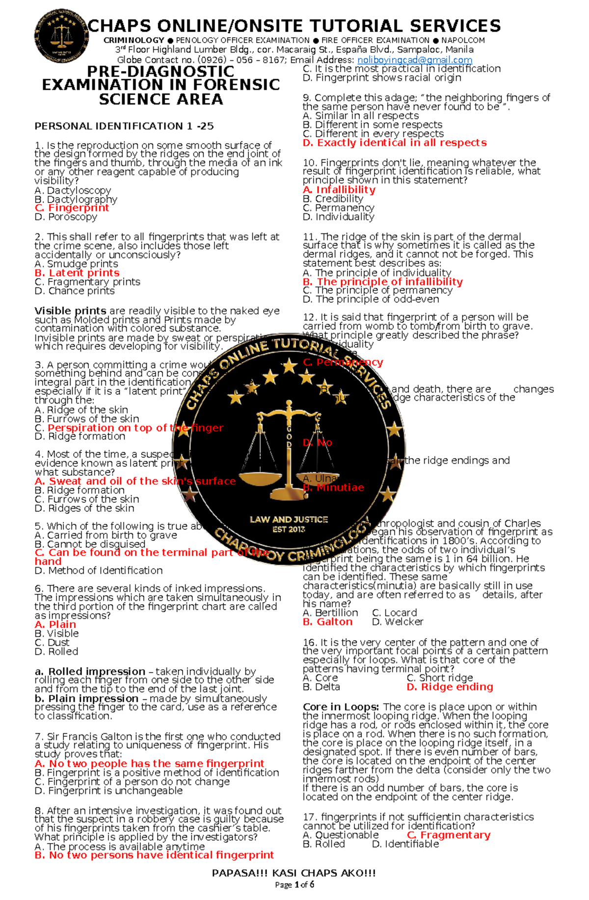 PRE-DIAGNOSTIC EXAM FOR FORENSIC SCIENCE (WITH ANSWER KEY) - Studocu