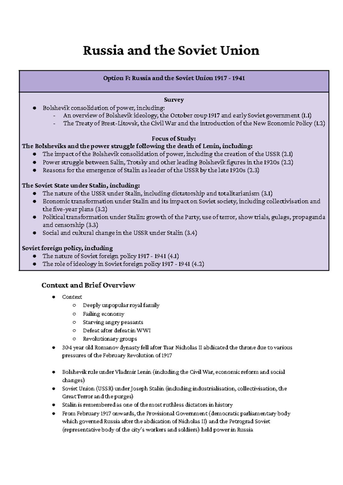 HSC Modern History Notes: Russia & the USSR (1917-1941) Insights - Studocu