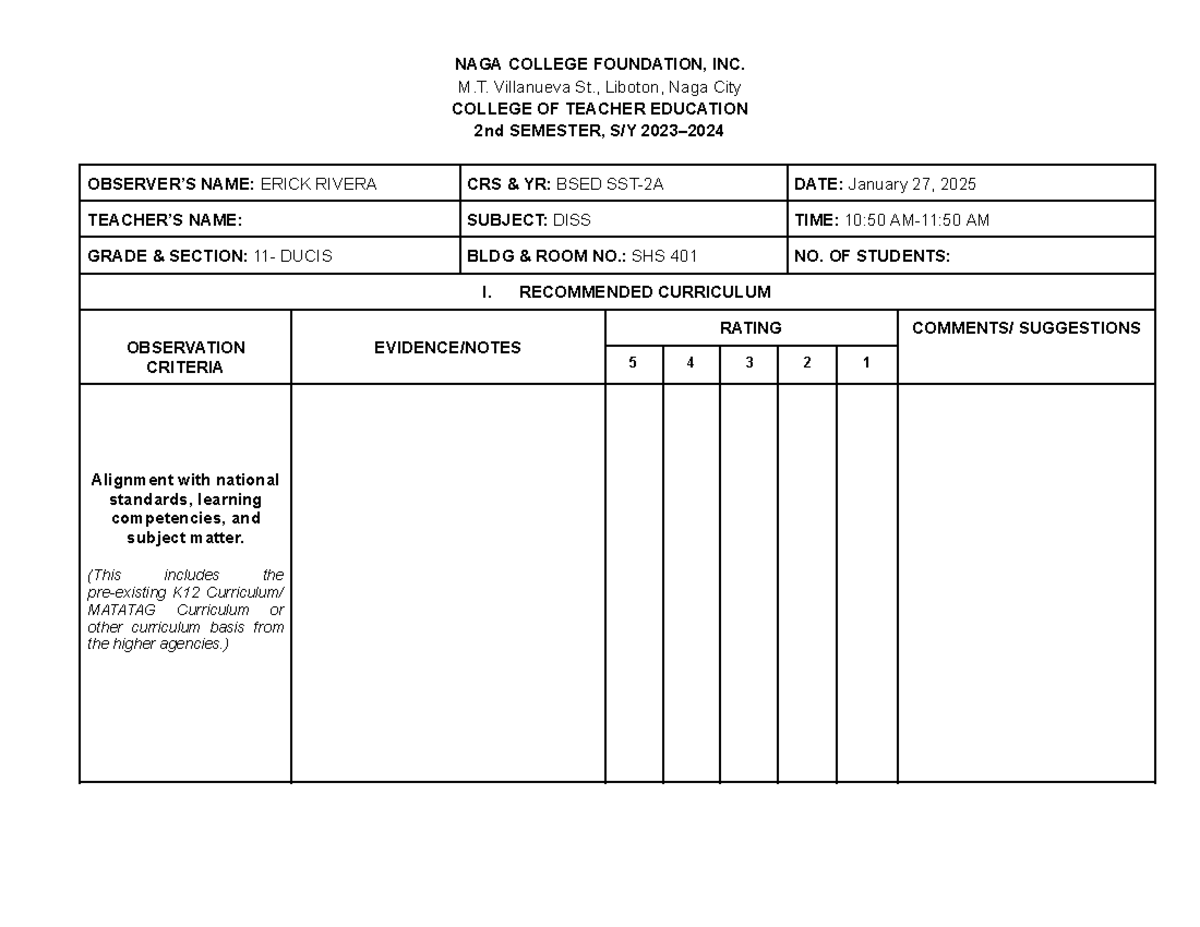 Observation Matrix ( Rivera) - NAGA COLLEGE FOUNDATION, INC. M ...
