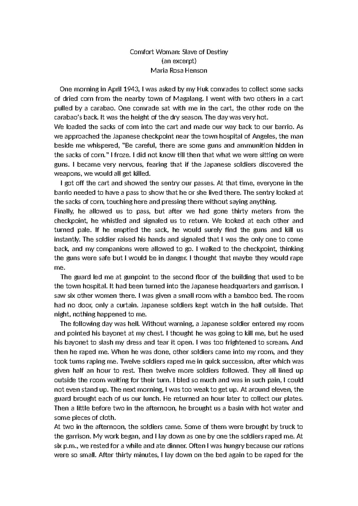 Comfort Woman: Maria Rosa Henson's Harrowing Account (Excerpt) - Studocu