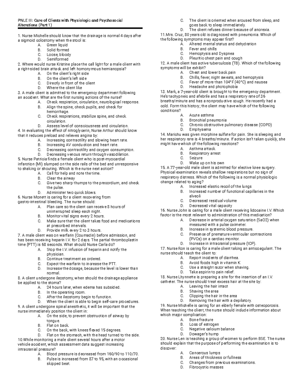 PNLE-III - PNLE Practice Questions for Physiologic & Psychosocial Care ...
