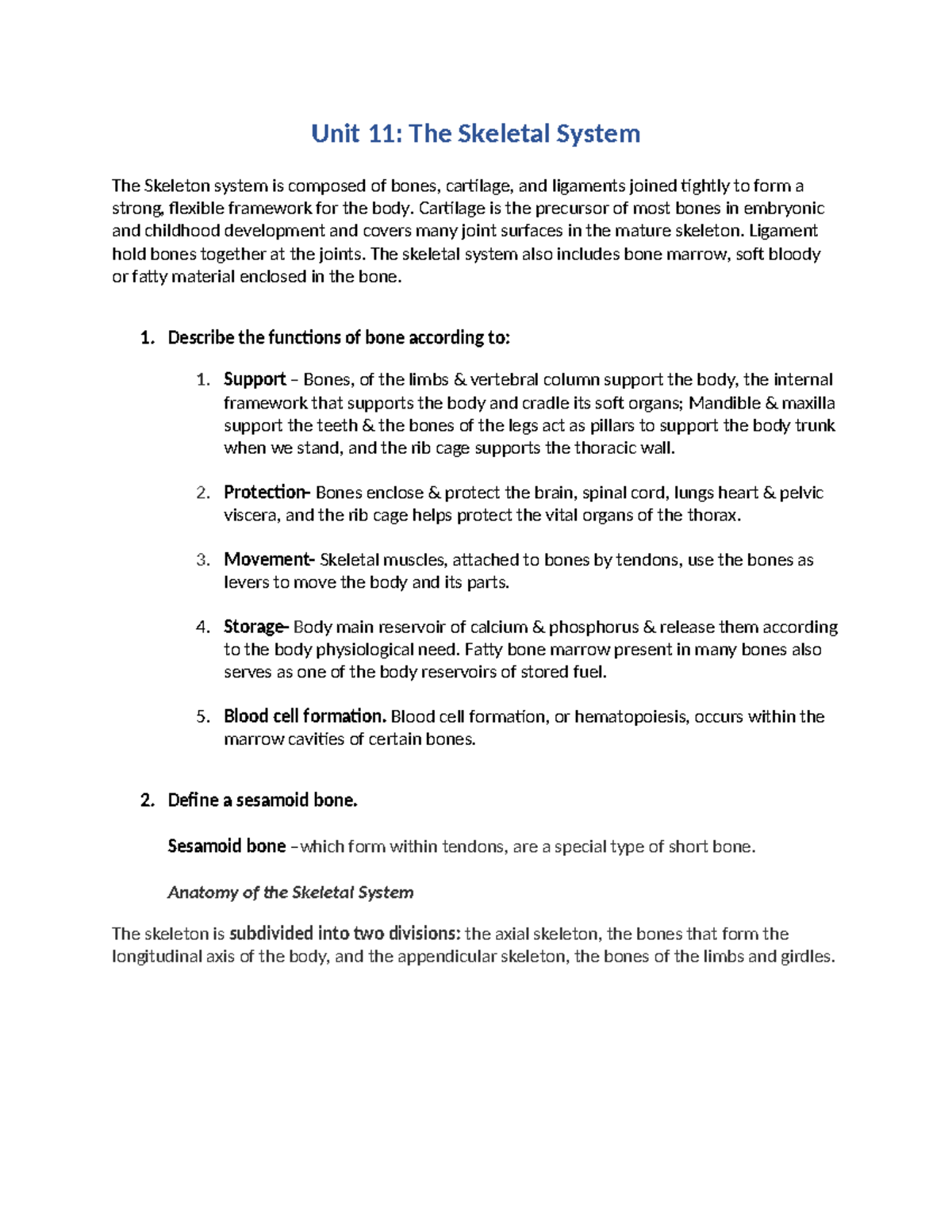 Unit 11: The skeletal system overview and anatomy details - Studocu