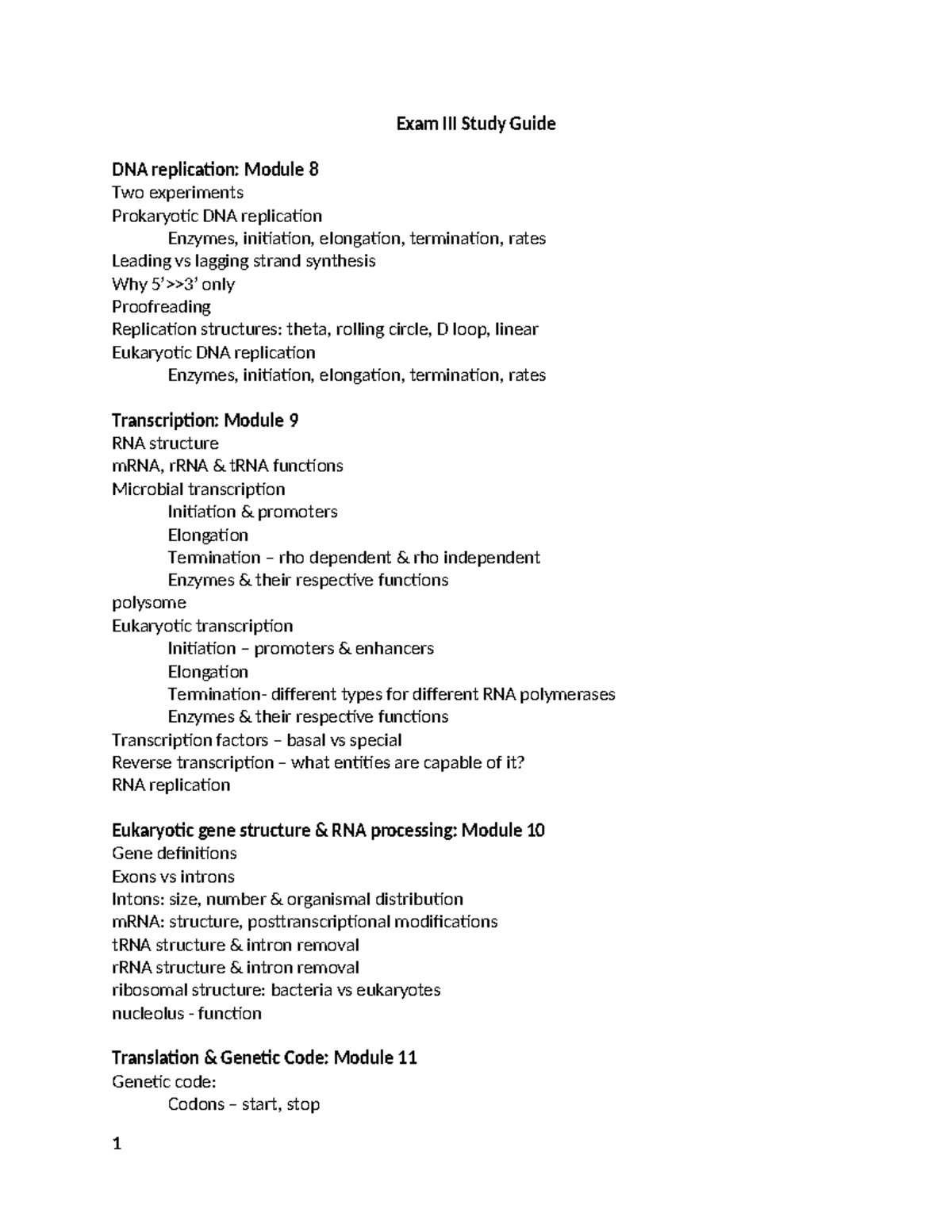 BIO 101 Exam III Study Guide: DNA Replication, Transcription & Gene Reg ...