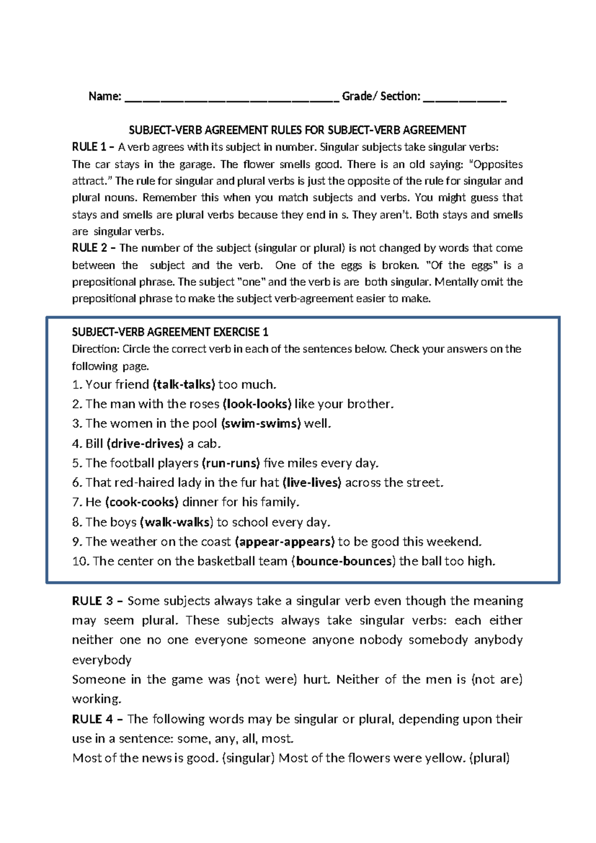 Subject-Verb Agreement Test: Rules and Exercises for Practice - Studocu