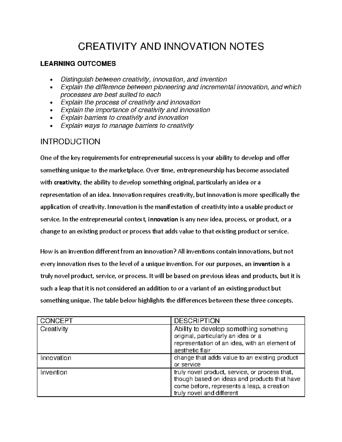 Creativity and Innovation: Key Concepts and Barriers (Course Code ...