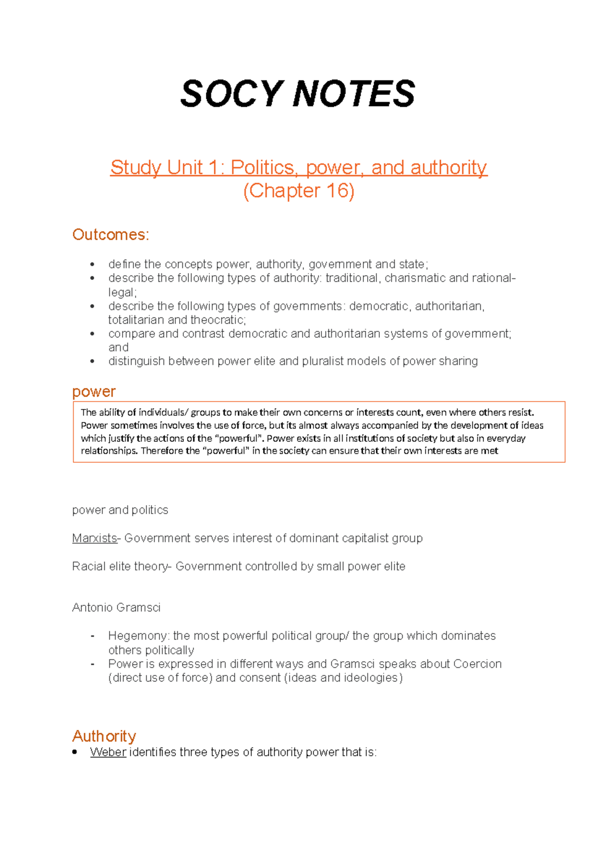 SOCY 101 Final Exam Notes: Politics, Power, and Authority Overview ...