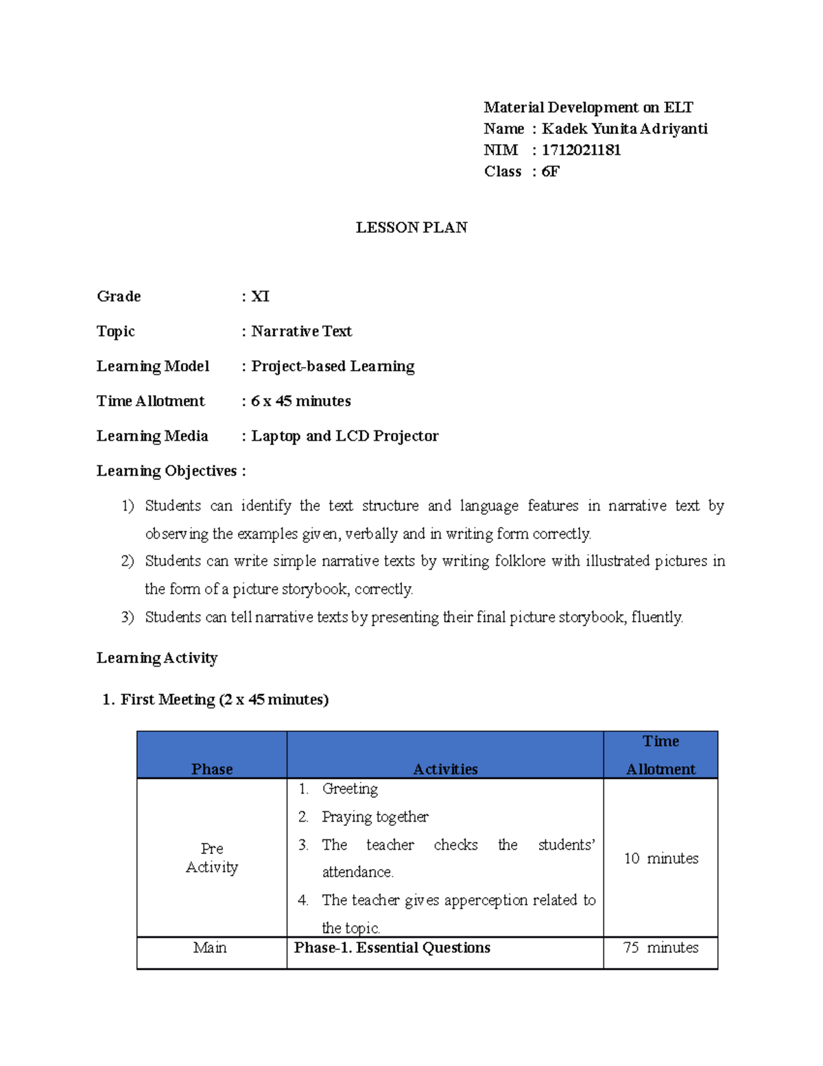 Lesson Plan: Project-Based Learning on Narrative Text (Grade XI) - Studocu