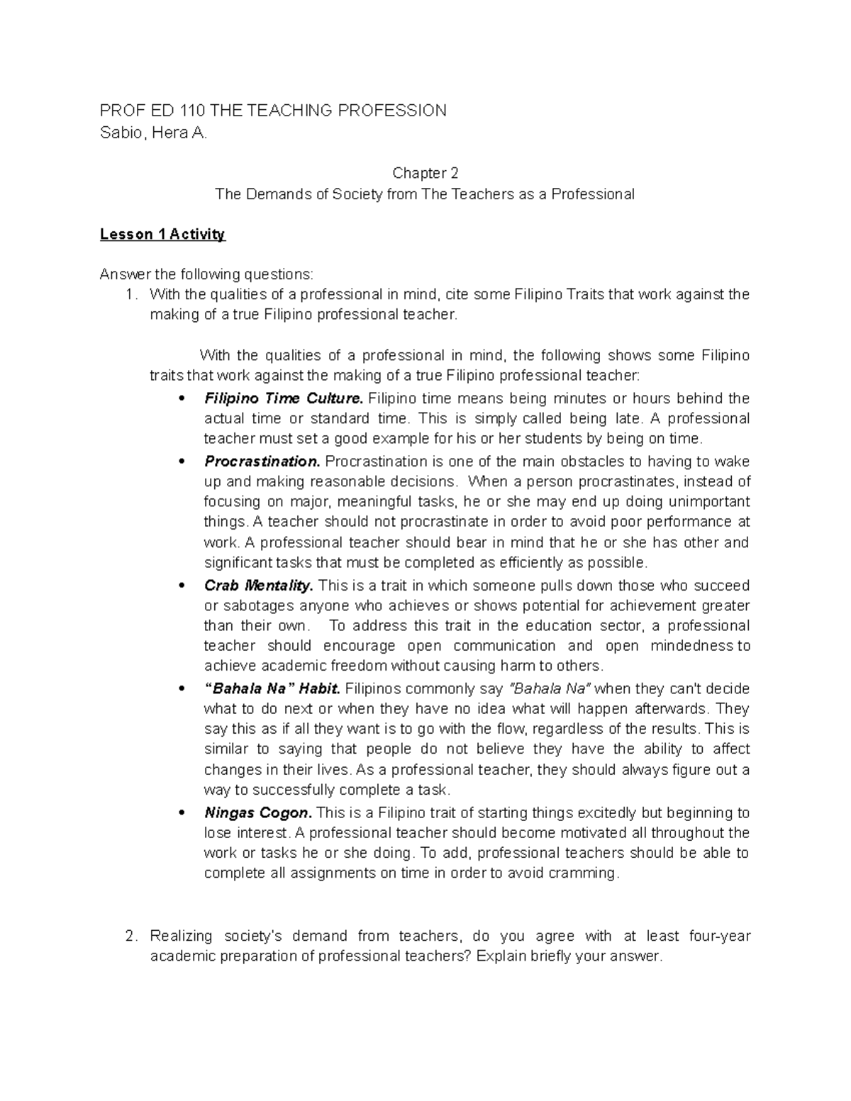 Sabio, Hera - Profed 110 - Chapter 2 Lesson 1 Activity - PROF ED 110 THE TEACHING PROFESSION ...