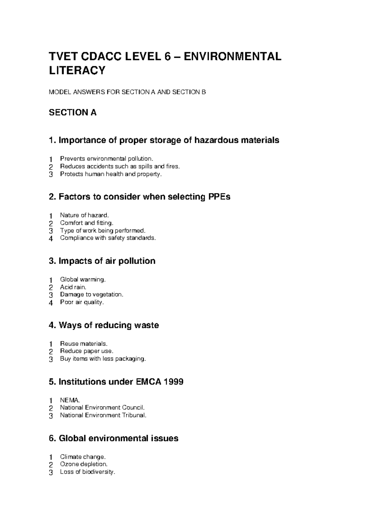 TVET CDACC LEVEL 6 ENVIRONMENTAL LITERACY MODEL ANSWERS A & B - Studocu