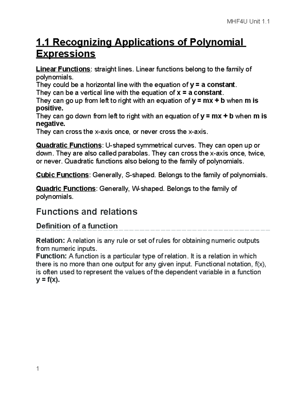 MHF4U Unit 1.1 Understanding Polynomial and Linear Functions - Studocu