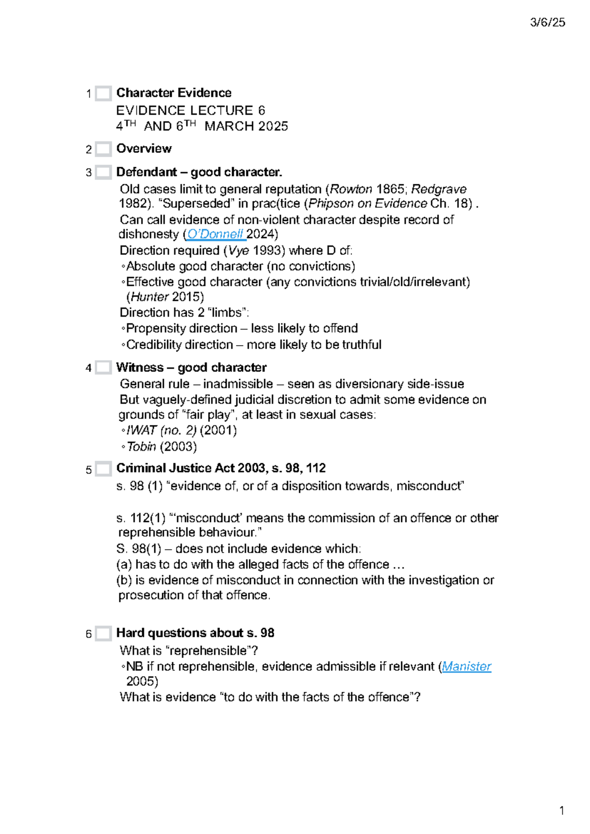 EVIDENCE LECTURE 6: Character Evidence Overview (4th & 6th March 2025 ...