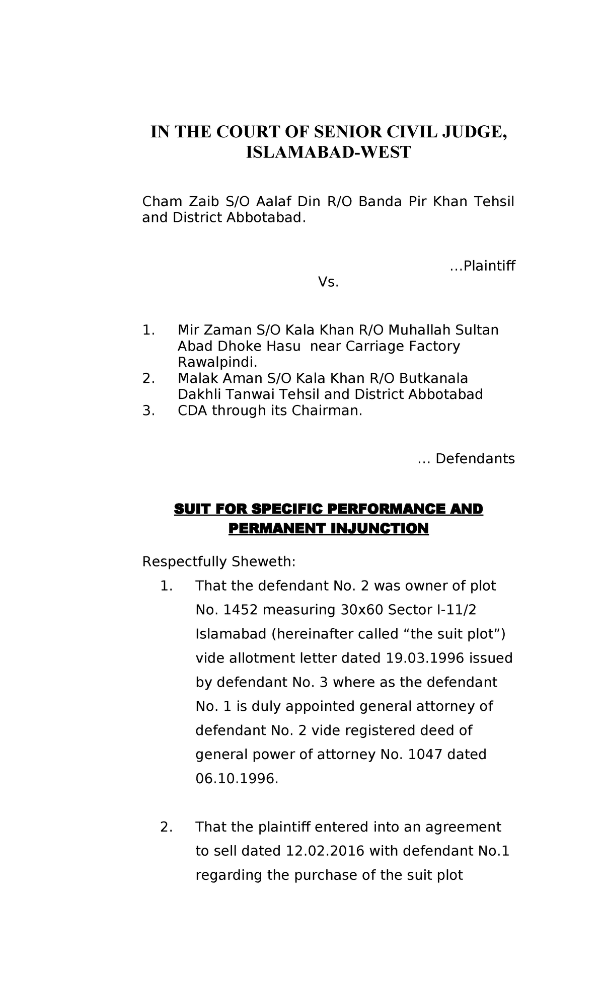 SUIT FOR SPECIFIC PERFORMANCE & PERMANENT INJUNCTION: Chan Zeb Vs Mir Zaman - Studocu