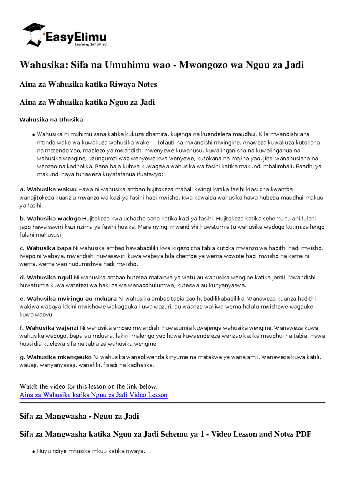 Wahusika na Sifa zao katika Nguu za Jadi: Mwongozo wa 235 - Studocu