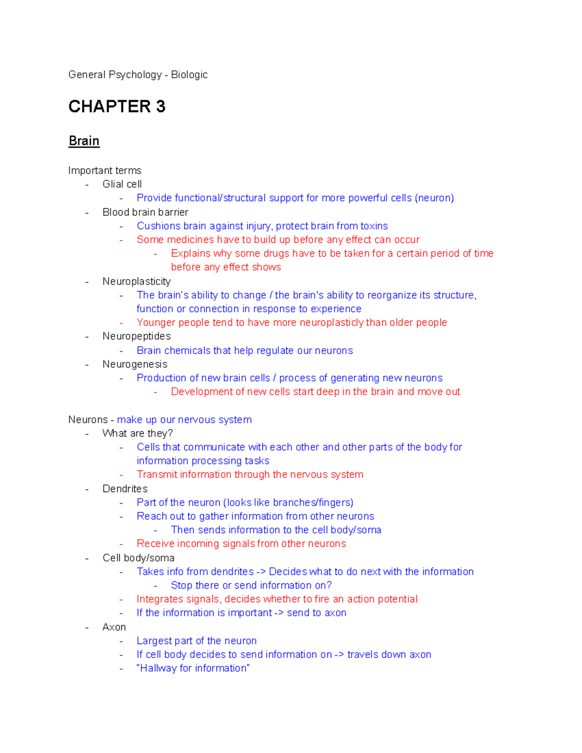 General Psychology - Brain Functions and Neuroplasticity (PSY 101) - Studocu