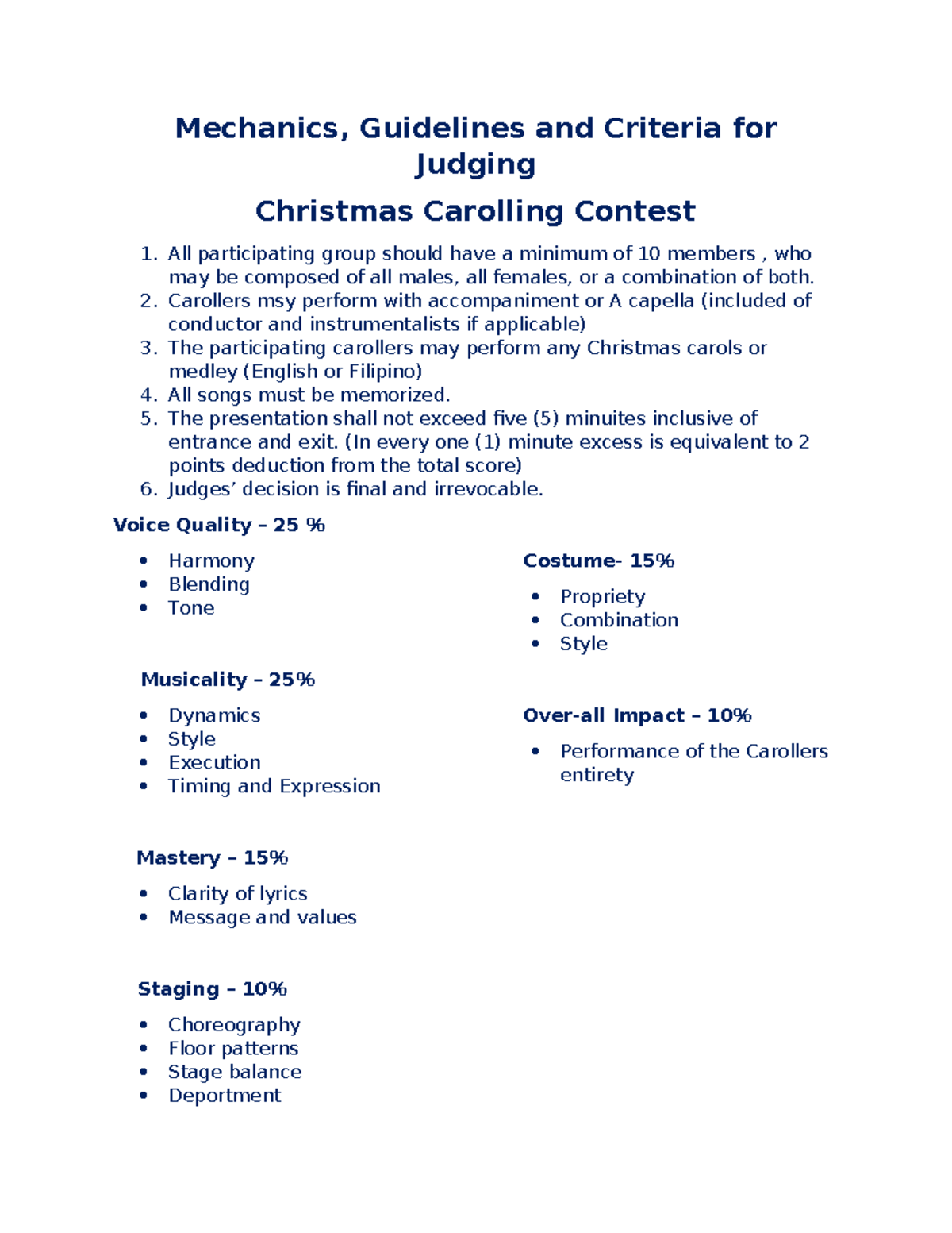 Criteria and Scoring Rubric for Christmas Carolling Contest - Studocu